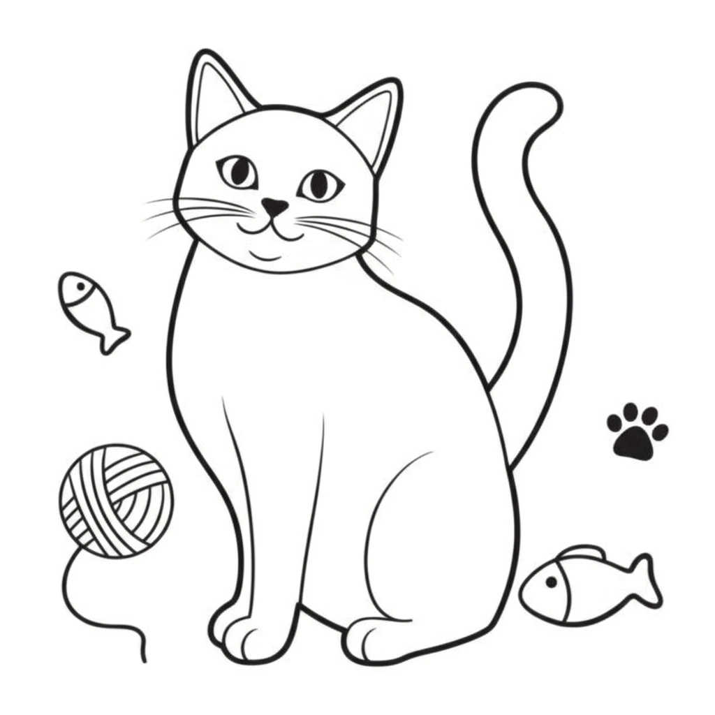 Simple Cat Coloring Page with Yarn and Paw Prints coloring page | Free ...