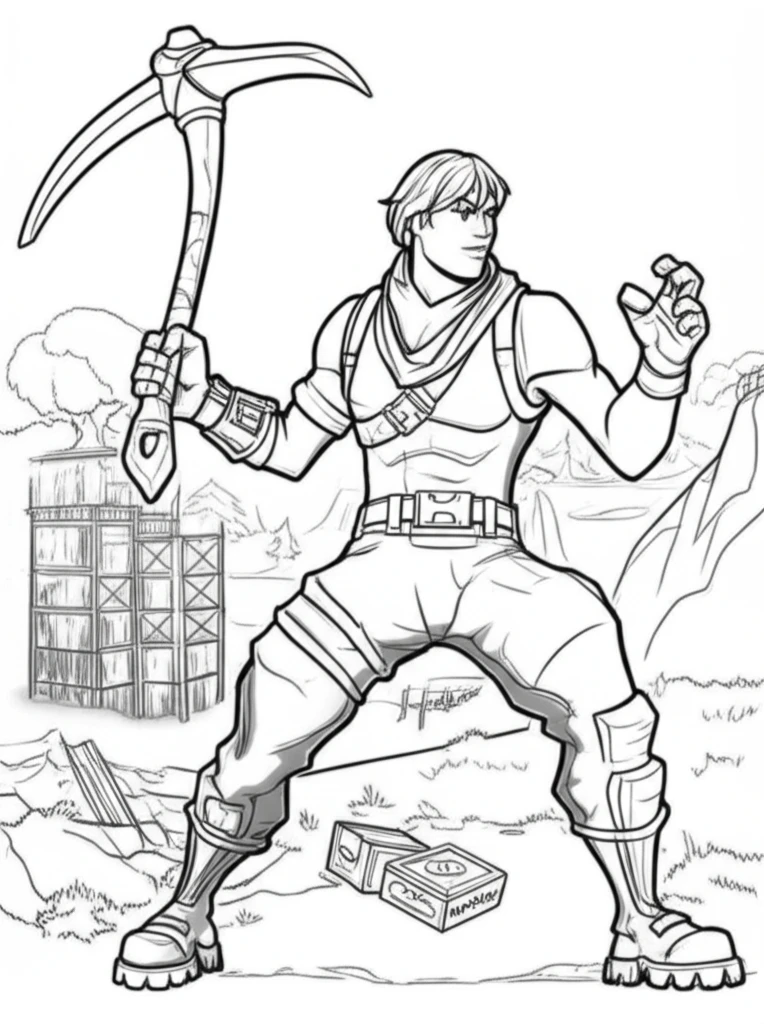 Dynamic Fortnite Character with Pickaxe on Battlefield Coloring Page ...