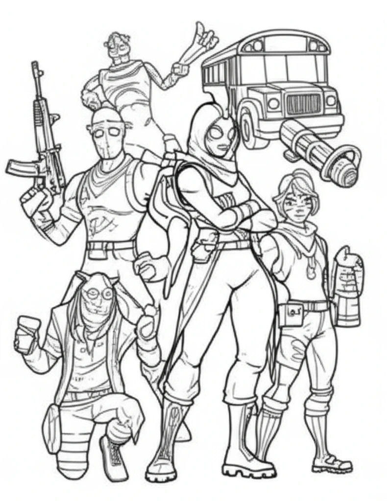 Fortnite Coloring Page: Battle Bus, Peely, Jonesy, Lynx, and Iconic ...