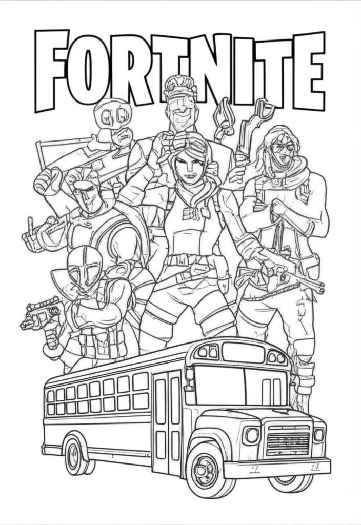 Fortnite Coloring Page: Iconic Characters, Weapons, and Battle Bus ...