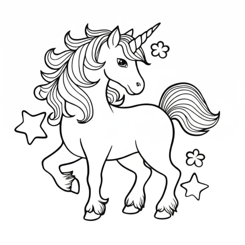 Enchanting Unicorn Coloring Page with Stars, Flowers, and Magical Aura ...