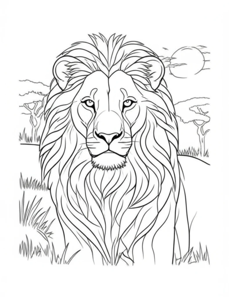 Majestic Lion Coloring Page with Savanna Scene coloring page | Free ...