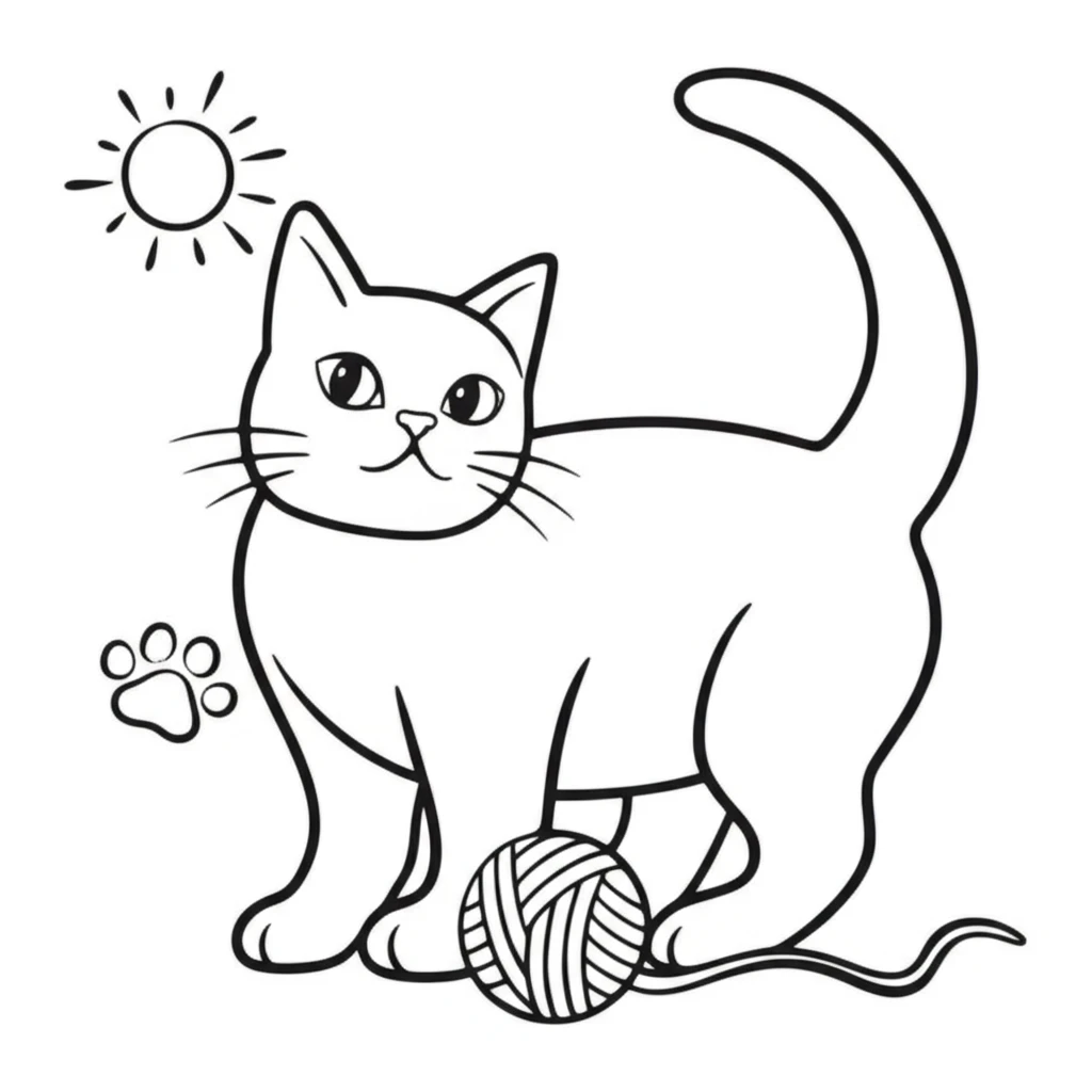 Playful Cat with Ball of Yarn and Paw Prints Coloring Page coloring ...