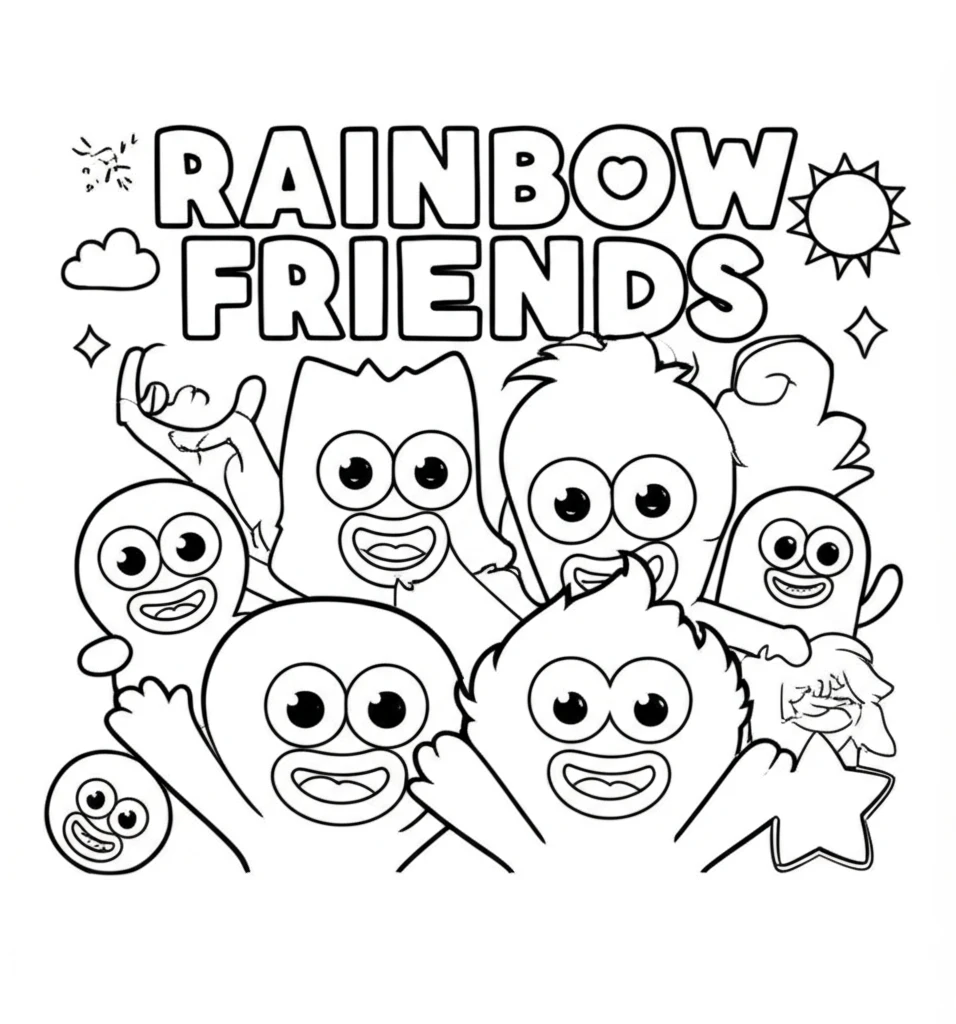 Rainbow Friends: Cheerful Characters Coloring Page with Sun, Clouds ...