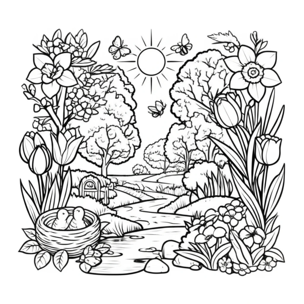 Vibrant Spring Coloring Page with Flowers, Butterflies, and Sunshine ...