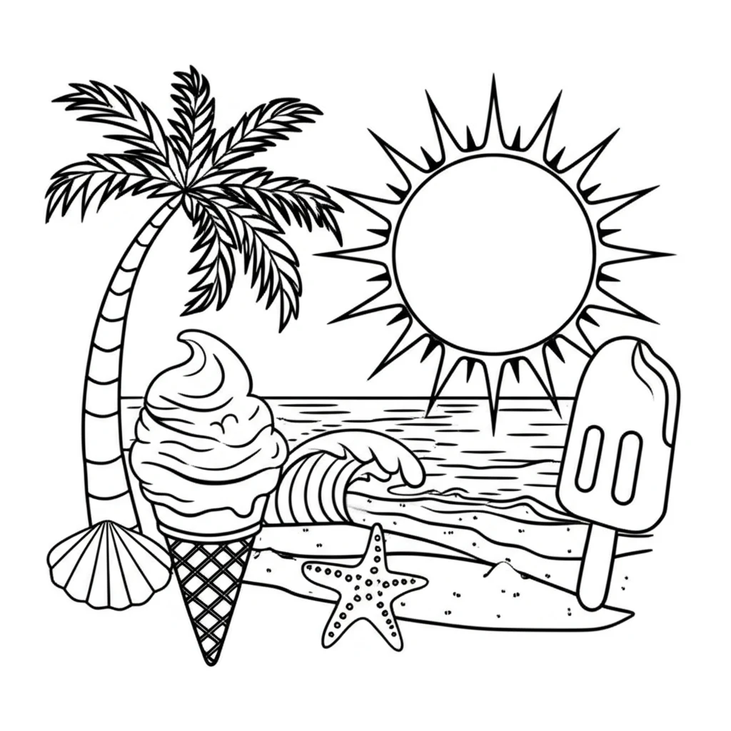 Summer Fun Coloring Page with Sun, Palm Trees, and Beach coloring page ...