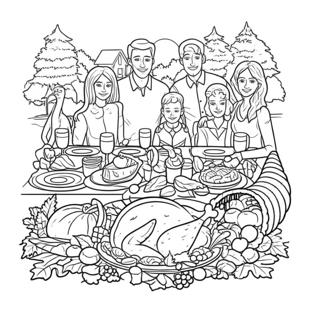 Thanksgiving Feast Coloring Page: Roasted Turkey, Pumpkin Pie, and ...