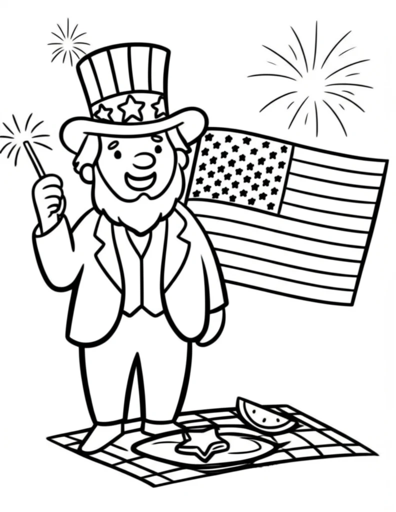 Uncle Sam Celebrating Fourth of July with Sparkler and American Flag ...