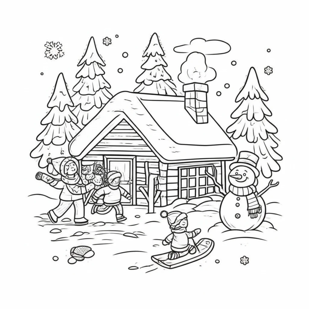 Winter Wonderland Coloring Page: Snowflakes, Cabin, Snowman, and Kids ...